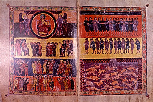 Last Judgment. Morgan Beatus, MS 644, folio 219v-20. (Apolcalypse 20:11-15)